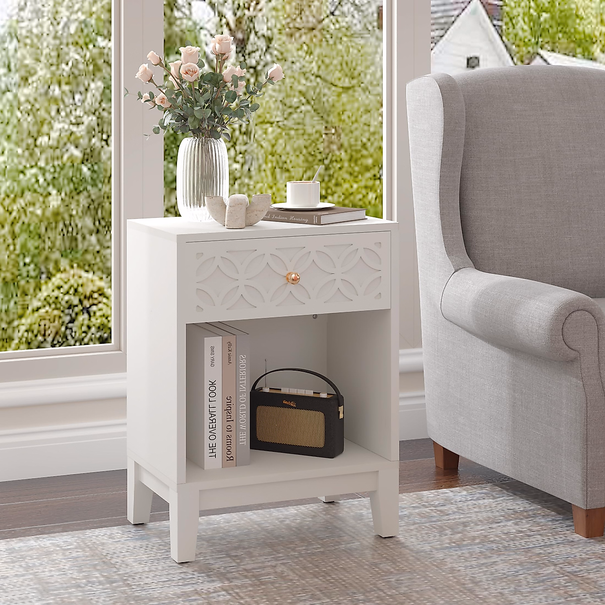 E-SHANHOMY White Nightstand Drawers Modern Side Table for Bedroom,Night Stand End Table with Storage Shelf,Night Tables Wood Nightstand Table Bedroom, 24" H