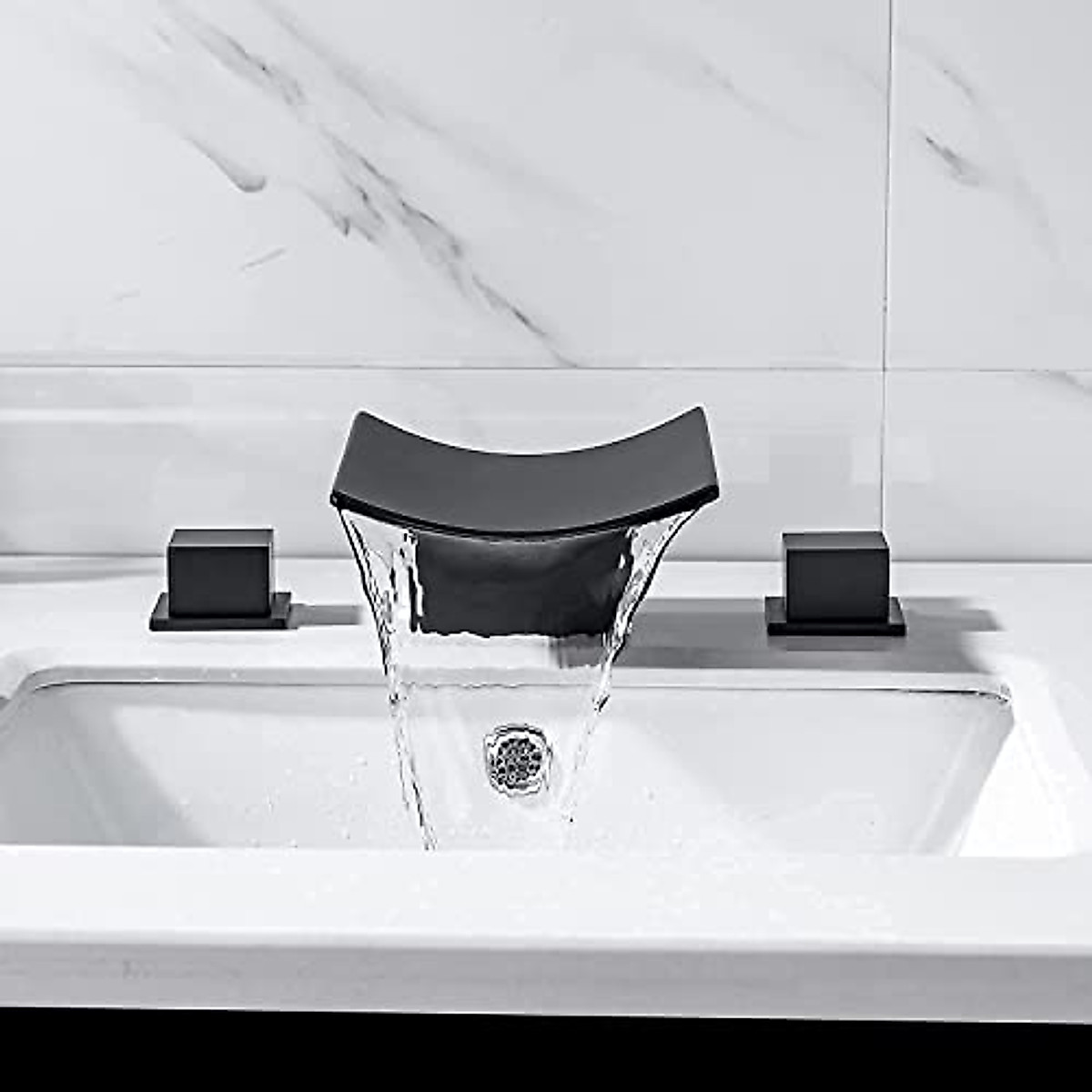 BANGPU Waterfall Bathroom Faucets, Modern Bathroom Sink Faucet 3 Holes Widespread Dual Handle Brass Basin Faucet Mixer Taps with Supply Hoses, Matte Black Vanity Sink Faucet