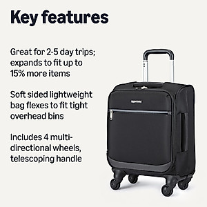 Amazon Basics Luggage, 18" Small Carry-On Softside Suitcase With Wheels, With Four 360-Degree Multi-directional Spinner Wheels, Expandable Space, Zippered Pocket and Straps, Telescopic Handle, Black