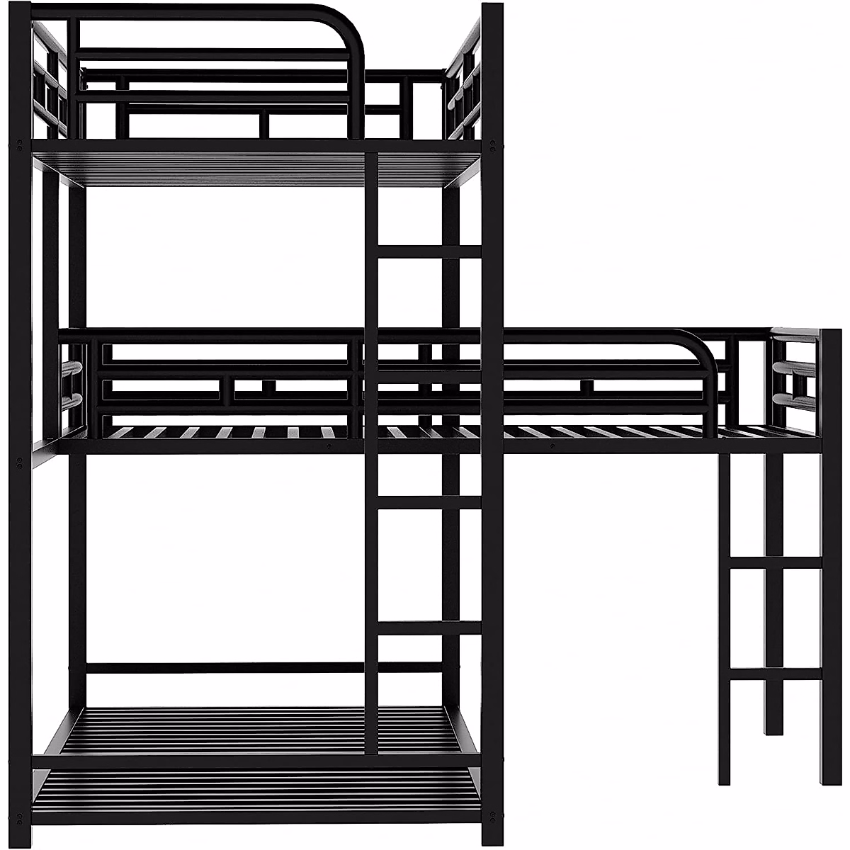 DNYN Twin Over Twin Triple Bunk Bed,L-Shaped Metal Bunkbeds with Safety Guardrails & Ladder,3 in 1 Sturdy Steel Bedframe,No Box Spring Needed & Space Saving Deisn, Black