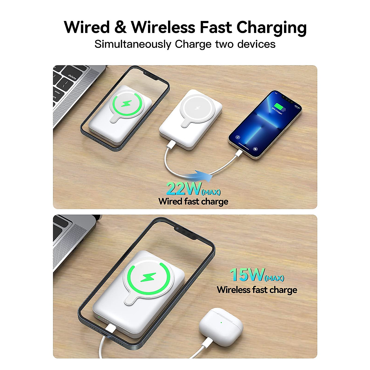 NEWDERY Wireless Power Bank, 10000mAh Magnetic Portable Charger with Foldable Stand 22W USB C, 15W Fast Charging External Battery Pack for iPhone 15 Pro Max/15 Plus/15 Pro/15, iPhone 14/13/12 Series