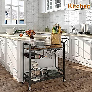 LAATOOREE Bar Cart, Home Bar Serving Cart, Mobile Drink Beverage Cart with Two-Color Top Shelf, Rolling Kitchen Cart with Wine Holder and Glass Holder, for Dinning Room, Living Room, Kitchen