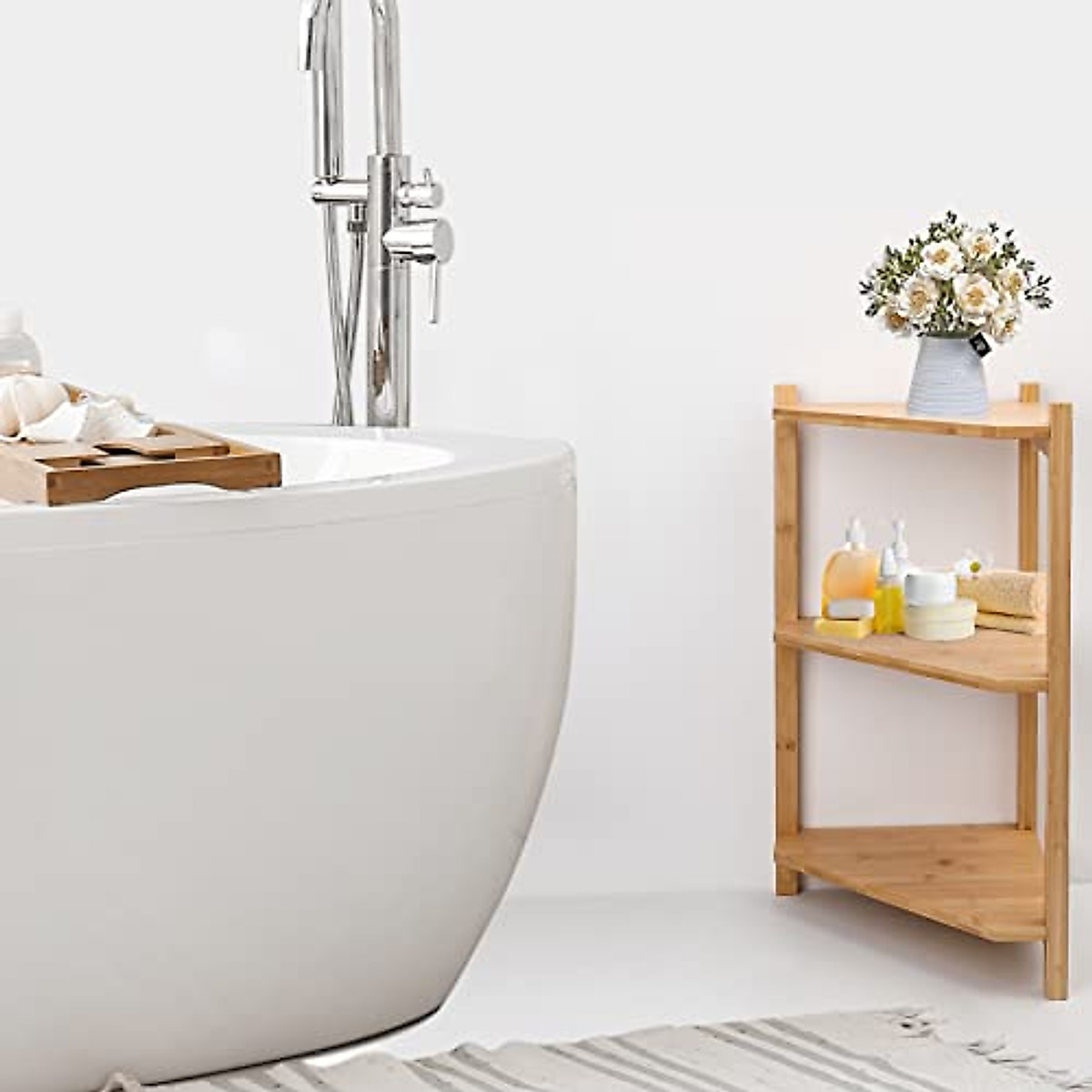 FoverOne Bamboo Corner Shelf, 3 Tier Corner Storage Rack, 24 inches Height Freestanding Shelf Unit for Kitchen, Bathroom, Bedroom, Living Room