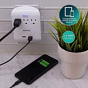 Philips 3-Outlet Extender with 2-USB Port Surge Protector, Charging Station, 900 Joules, Grounded Power Adapter, Indicator Light, 3-Prong, 2.4 AMP/12 Watt, ETL Listed, White, SPP6233WB/37