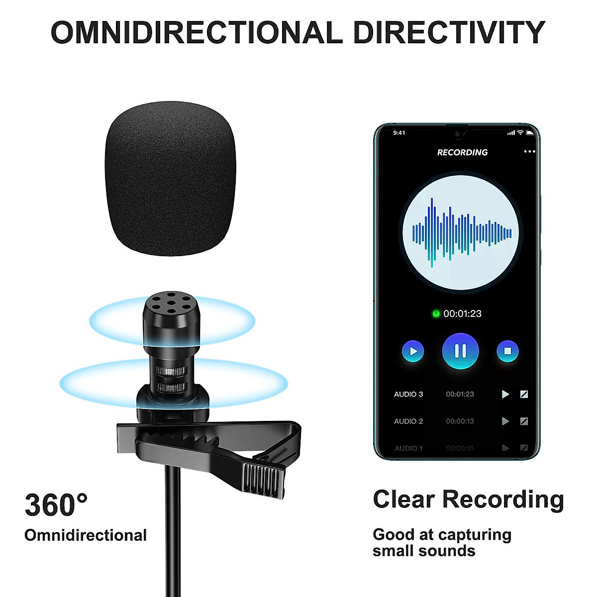 Aokeo Professional Lavalier Lapel Microphone Omnidirectional Condenser Mic