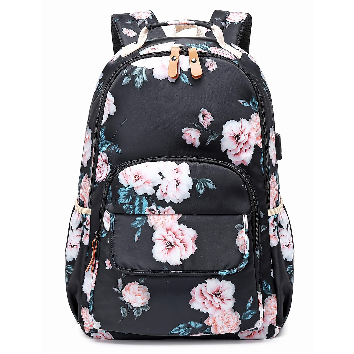 Leaper Floral School Backpack Girls Bookbag Daypack USB Charging Port Black-2