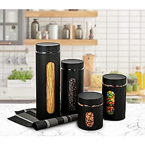 Quality Modern Black Stainless Steel Canister Set for Kitchen Counter with Glass Window & Airtight Lid - Food Storage Containers with Lids Airtight - Pantry Storage and Organization Set