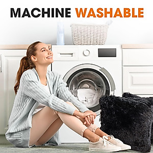 Cheer Collection Throw Pillows for Couch and Bed, Soft Shaggy Throw Pillows with Inserts Included, Cozy Long Hair Faux Fur Pillows - Set of 2-18" x 18" - Black