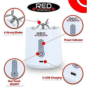 RED Strength Rechargeable Mini Blender | Portable Blender for Shakes and Smoothies | On the Go Blender for Gym, Home, Camping & Office | Mobile Blender with Six Blades, USB-C, White