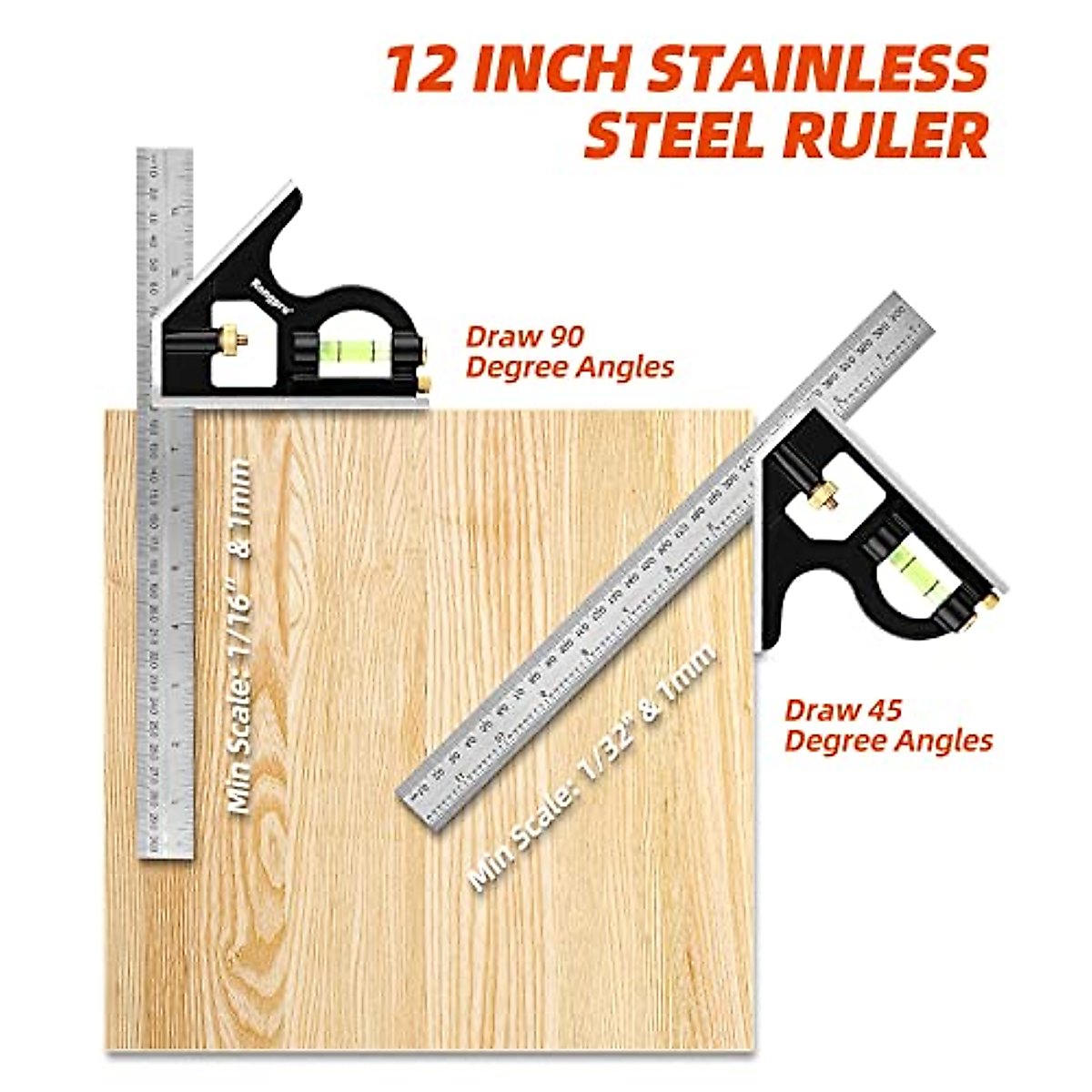 RONGPRO Rafter Square and Combination Square Tool Set, 7 Inch Triangle Carpenter Square Die-cast Aluminum Alloy and 12 Inch Zinc-Alloy Die-Casting Combo Square Ruler - Rafter Square Layout Tool
