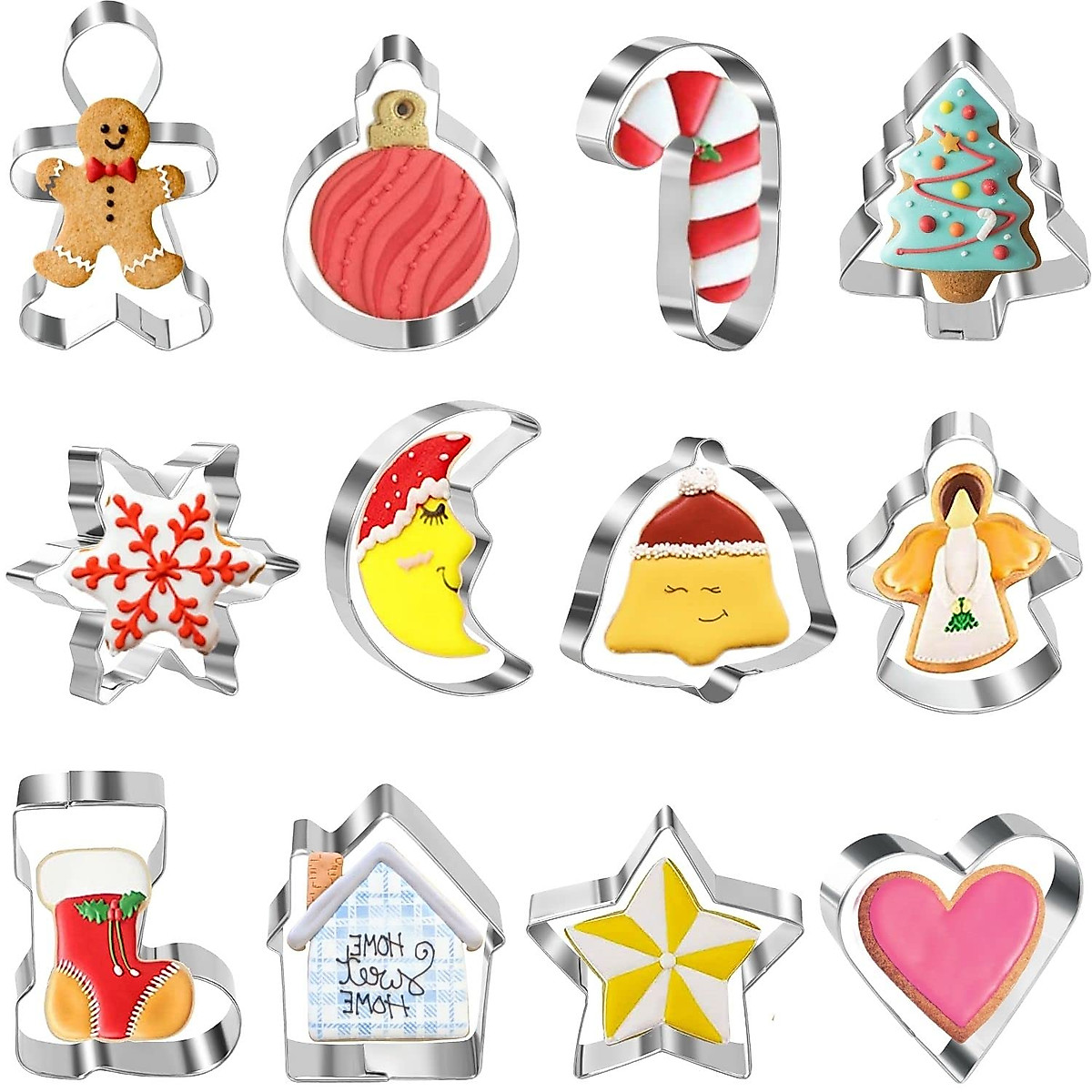 Kaishane Mini Christmas Cookie Cutters Set of 12 - Small Stainless Steel Christmas Biscuit Cutter Snowflake, Bell, Christmas Tree, Star, Moon, Angle, Heart & More Shapes For Holiday Xmas