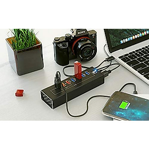 LATORICE Powered USB Hub - Multi-Port USB Hub with 7 USB 3.0 Ports, 3 Fast Charging USB 3 0 Ports, with Cords C and A, Power USB HUB Adapter