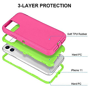CAFEWICH iPhone 11 Case, Heavy Duty Shockproof 3-Layer Full Body Protective High Impact Tough Hybrid Rubber Rugged Durable Phone Cover for iPhone 11 6.1'' - Hot Pink Green