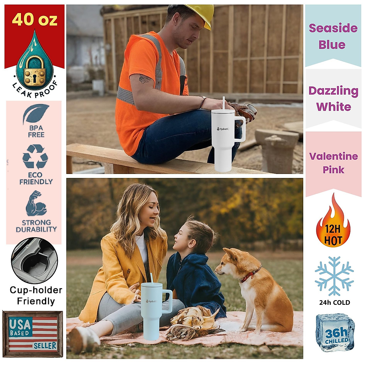 HydratiQ 40 oz Tumbler with Handle and Straw Spill Proof Insulated Water Bottle Leak Proof Stainless Steel Cup Holder Travel Mug Hot Cold Vaso Termico