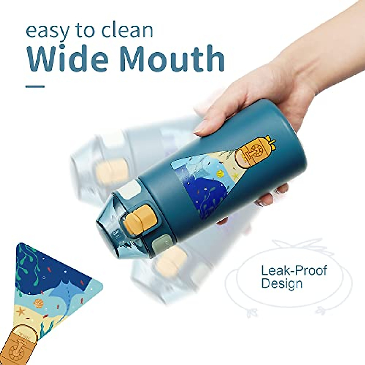 Kids Water Bottle 16 oz Stainless Steel 18/10 Vacuum Insulated Water Bottle Wide Mouth Flask with Leak proof Straw Lid for School Blue