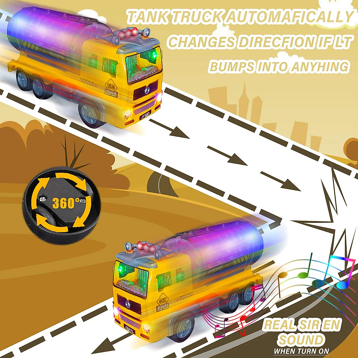 CYKT Truck Toys for 3-10 Year Old Boys, Electric Oil Tanker Toy Truck - with Bright Flashing 4D Lights & Real Sounds, Cool Birthday Gifts for Boys Age 3-12 Year Old Kids Toys (Yellow)