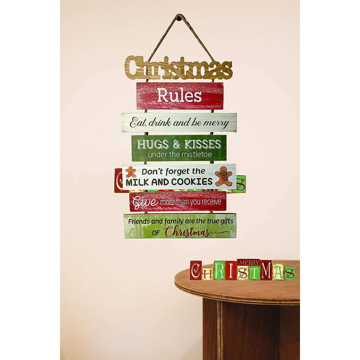 Christmas Wood Wall Decor Hanging Sign, Rustic Wooden Plaque, Holiday Rules 23" x 13.75" Jute Hanger