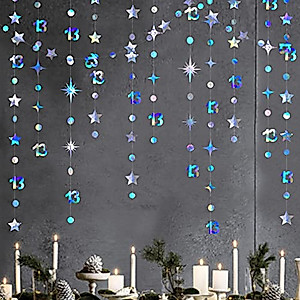 Iridescent 13th Birthday Decorations Number 13 Circle Dot Twinkle Star Garland Metallic Hanging Streamer Bunting Banner Backdrop Girls 13 Year Old Birthday Thirteen Official Teenager Party Supplies