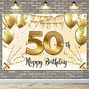 HAMIGAR 6x4ft Happy 50th Birthday Banner Backdrop - 50 Years Old Birthday Decorations Party Supplies for Women - White Gold
