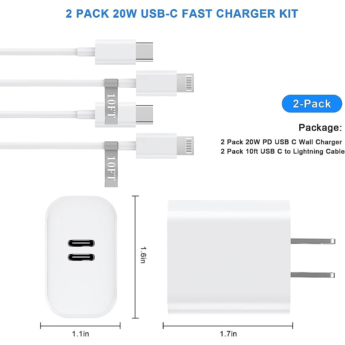 USB C Fast Charger,[MFi Certified] 2 Pack 40W Dual Port Charger Fast Charging with 10 FT Long Type C to Lightning Cable 20W PD Power Adapter for iPhone 14 13 12 11 Pro Xs Xr X 8 Block