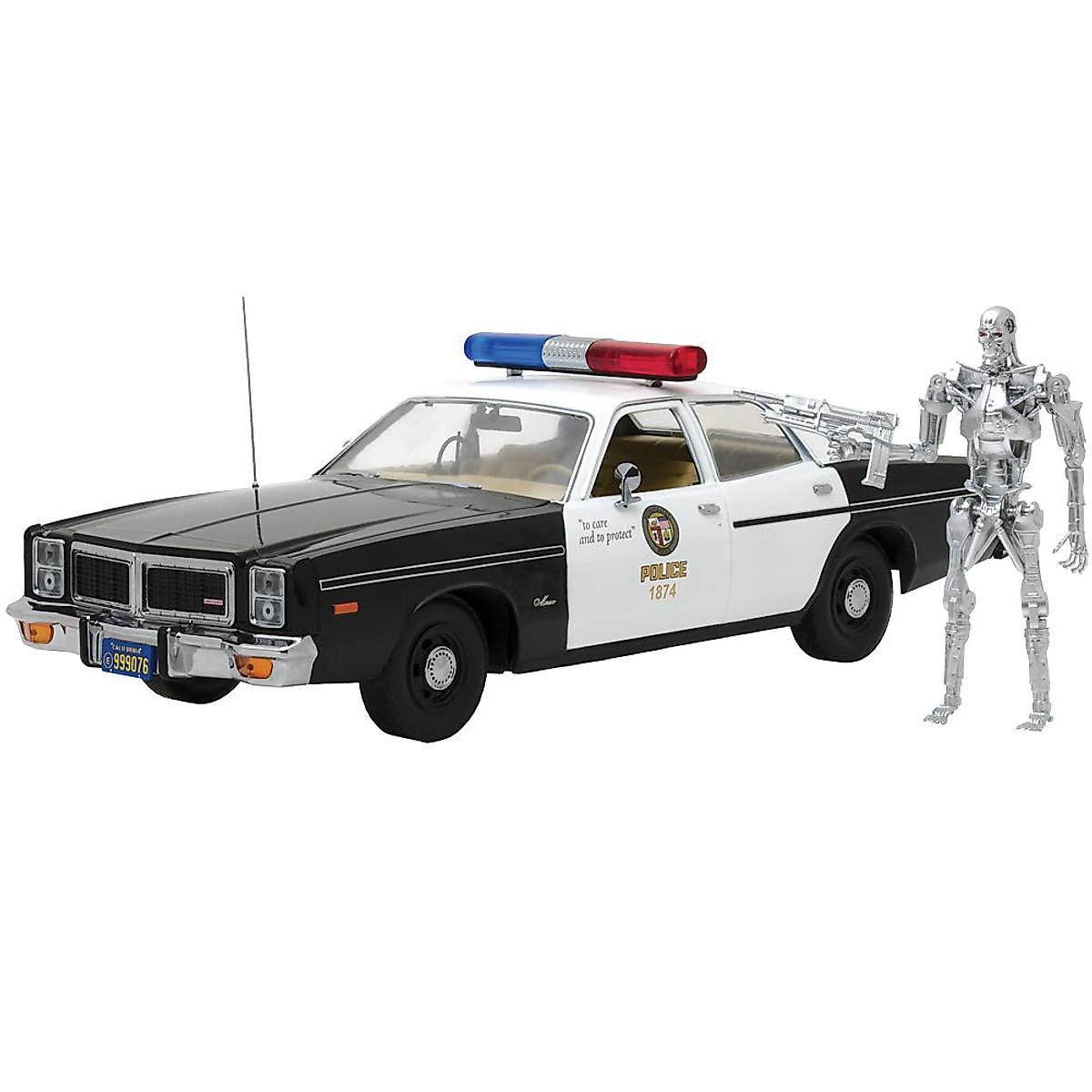 1977 Dodge Monaco Metropolitan Police with T-800 Endoskeleton Figure The Terminator (1984) Movie 1/18 Diecast Model Car by Greenlight 19042