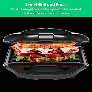 Chefman Portable Compact Grill, Dual Use Panini Press, Sandwich Maker, Electric Grill Griddle, Nonstick, Electric Indoor Grill, Countertop Panini Maker with Cord Storage, Locking Lid, Indicator Lights