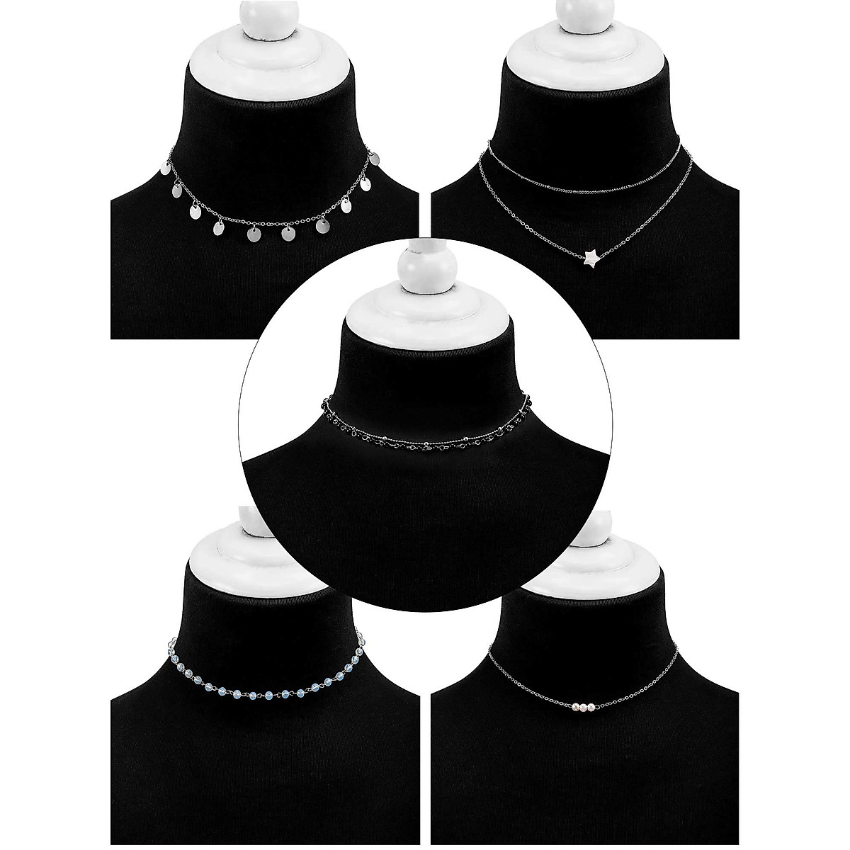 BBTO 9 Pieces Women Girls Layered Choker Necklace Sliver Layered Pendant Choker Jewelry Set (Style 1)