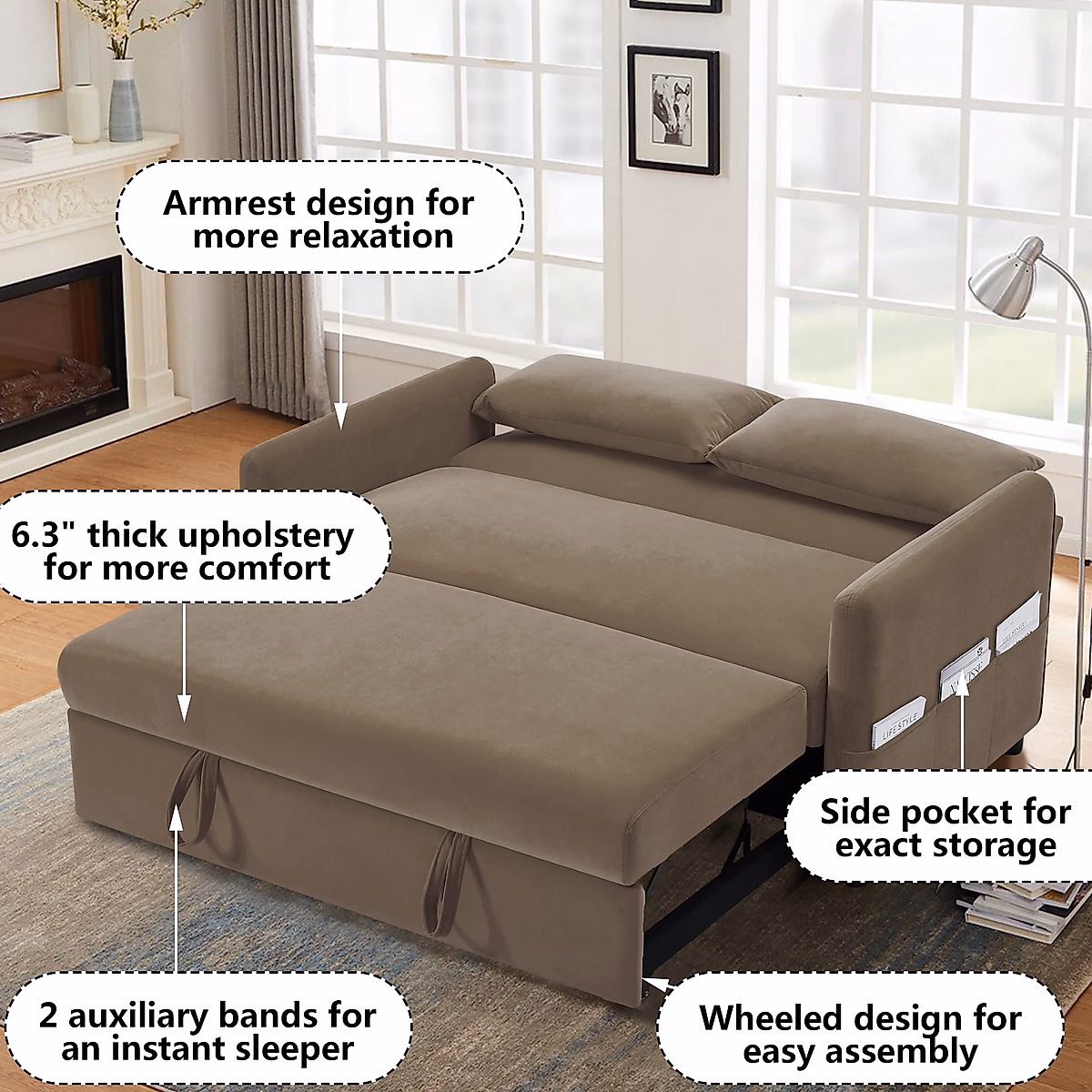 HUMEHA 57" Convertible Sleeper Sofa Bed, 3 in 1 Upholstered Velvet Loveseat Sofa with Put Out Bed, Modern 2 Seats Couch with Adjustable Back, 2 Pillows Side Pocket for Living Room RV, Brown