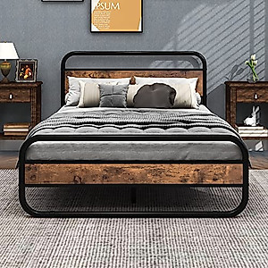Albearing Metal Full Size Bed Frame with Wooden Headboard and Footboard, Heavy Duty Oval-Shaped Platform Bed with Under-Bed Storage, Steel Slats Mattress Foundation Round Pipe Design，Brown