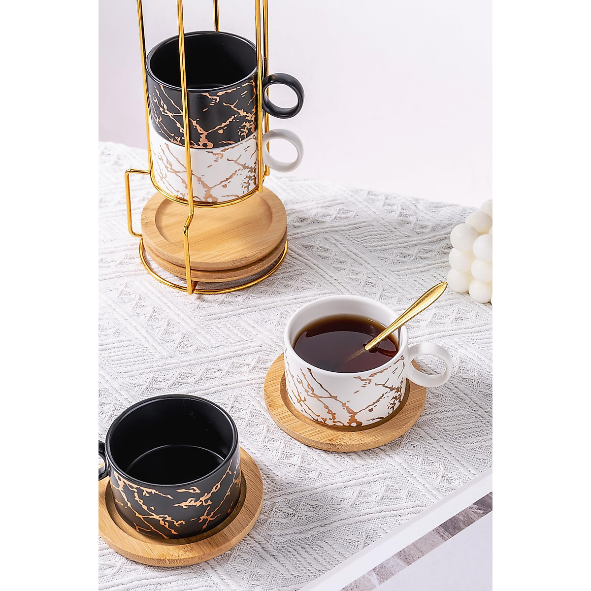Jusalpha Golden Hand Print Teacup Coffee Cup with Bamboo Saucer Set FDTCS19 (4, Black)