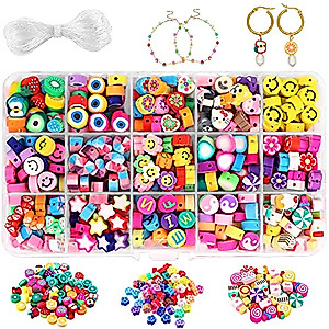 JOICEE 300PCS Fruit Smiley Handmade Polymer Clay Beads 15 Styles Flower Letter Beads Soft Beads for Women Girls Jewelry Making DIY Bracelet Necklace Earring Accessories with 4m Crystal Elastic String.