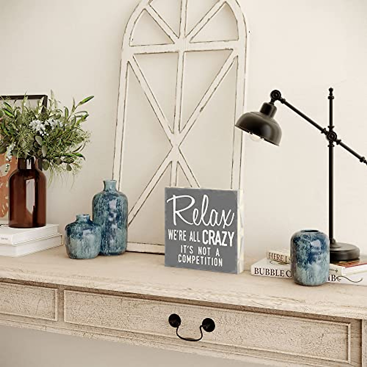 Barnyard Designs 'Relax We're All Crazy It's Not a Competition' Box Wall Art Sign, Primitive Country Farmhouse Home Decor Sign With Sayings, 8" x 8"