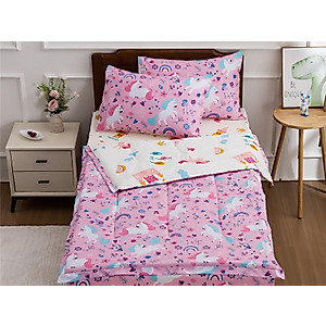NTBED Unicorn Printed Zipper Bedding Sets Twin Lightweight Microfiber Floral Comforter Sets with Fitted Sheet Pillow Covers,Pink