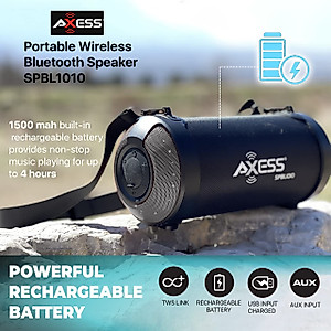 Axess Portable Wireless Bluetooth Speaker — USB C, FM Radio, & Aux Inputs 3” Speaker for Rich Sound & Bass with LED Lights, TWS+ Link, Good for Home Or Outdoor Use SPBL1010 Small Bluetooth Speaker