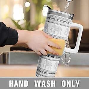 40 oz Elephant Tumbler with Handle and Straw, Gray Mandala Floral Stainless Steel Vacuum Insulated Travel Coffee Mug Cup Water Bottle, Grey Elephant Stuff Accessories Decor Gifts for Women Girls