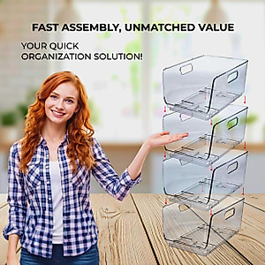 TidyFriend Plastic Stackable Bins for Pantry, 4 Pack Stacking Bins Open Front, Toy Organizers, Kitchen, and Bathroom Essentials (Clear- Hole Handle)