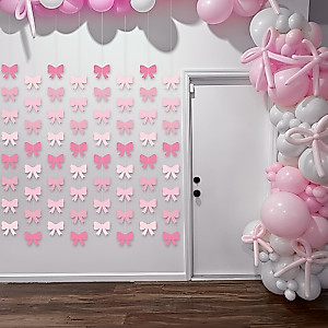 8Pcs Pink Bow Hanging Banners Party Decorations,Coquette Birthday Decorations Girl Bow Theme Birthday Party Decor Bow Garland for Girl Birthday Bachelorette Baby Shower Bridal Shower Party Supplies