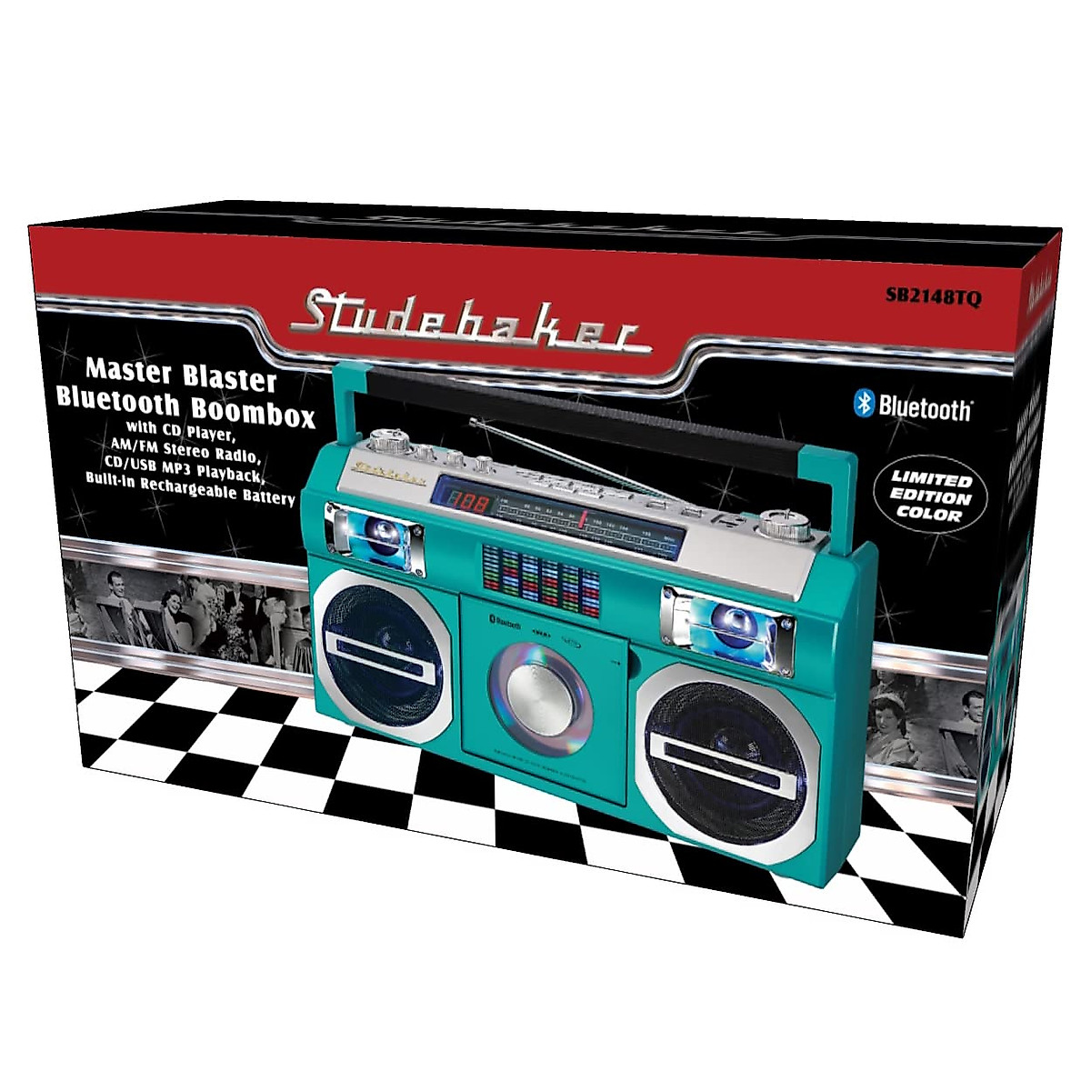 Studebaker Vintage Aqua Turquoise 80's Retro Street Bluetooth Wireless Streaming Boombox Rechargeable Battery, CD/MP3 Player, AM/FM, USB, Multi Color LED EQ, Full-Range High Bass Speakers & AC/DC -