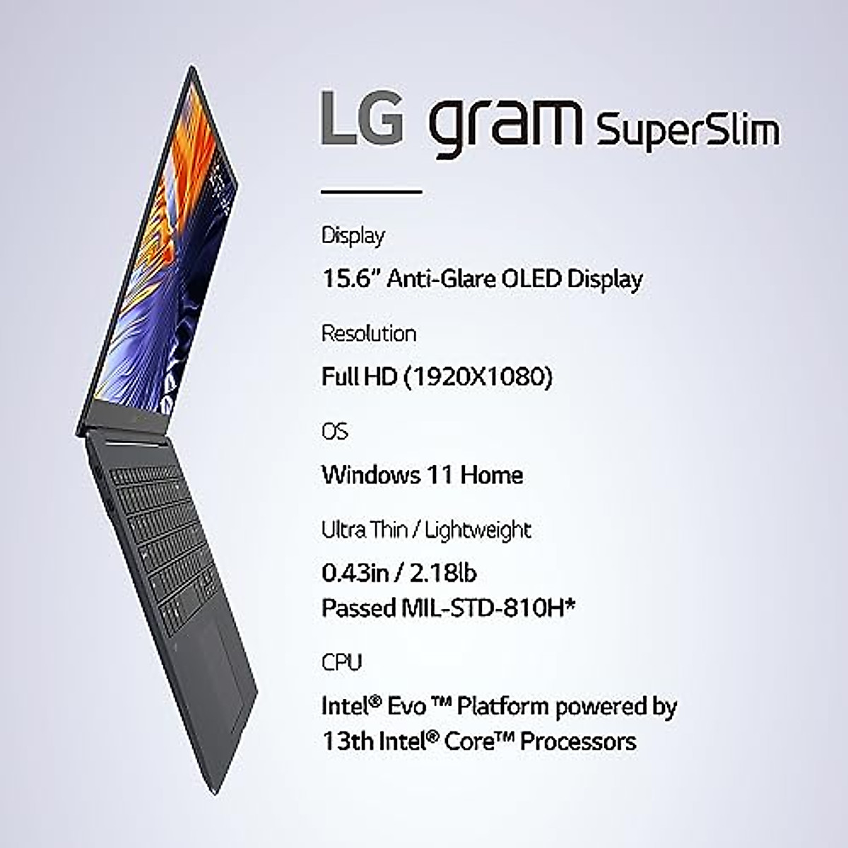LG gram SuperSlim 15.6” OLED Laptop, Intel 13th Gen Core i7 Evo Platform, Windows 11 Home, 16GB RAM, 1TB SSD, Neptune Blue