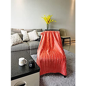 Cazlon Eyelash Textured Boho Style Decorative Throw Blanket,100% Oeko-Tex Certified Flannel Blanket, Lightweight Cozy Throw for Bed Sofa Couch (50"x60", Coral Orange)