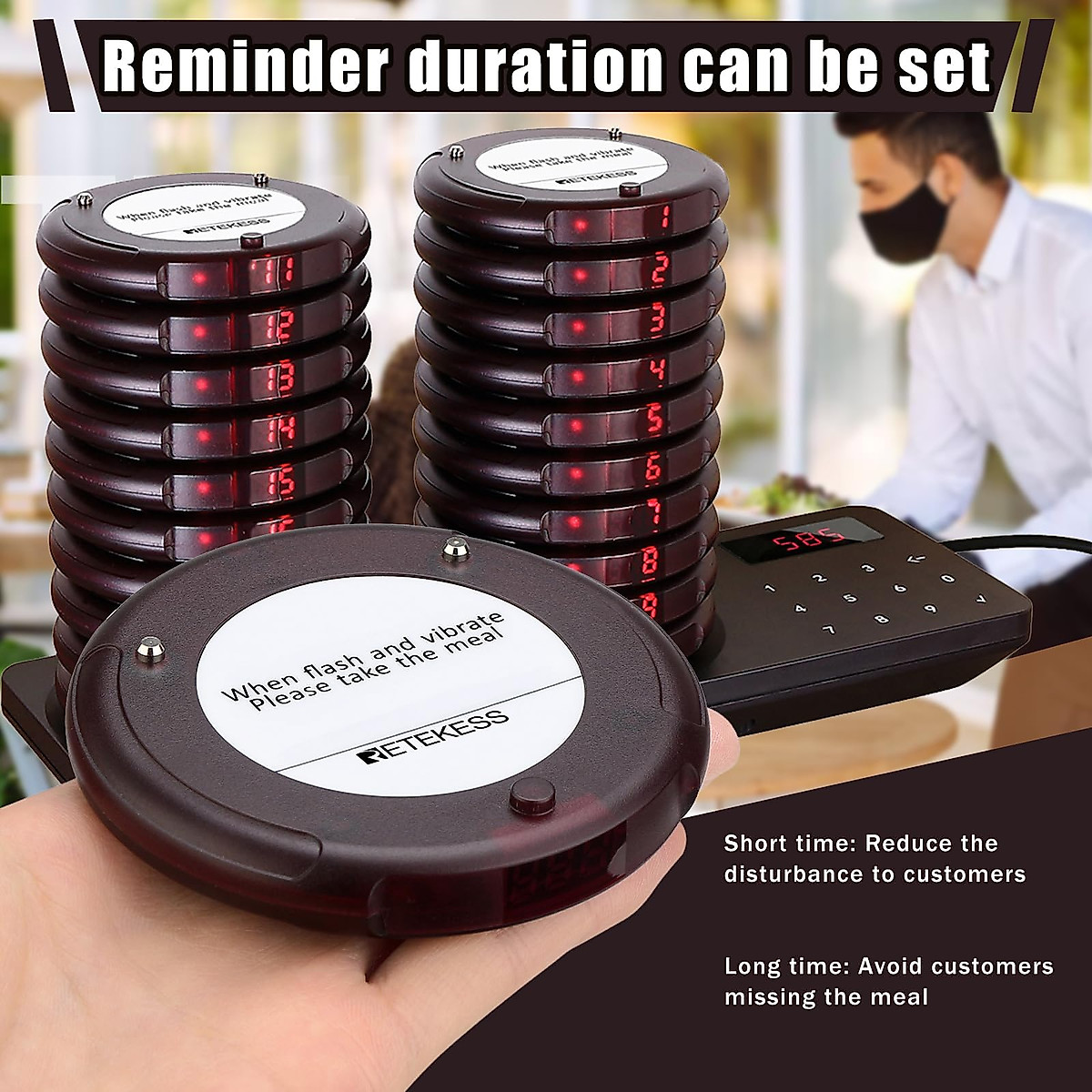Retekess TD163 Pager System,Restaurant Buzzers Long Range,Set Vibration,Dual Charging Base,20 Coaster Pagers for Hospital,Kitchen,Medical Office,Nursery