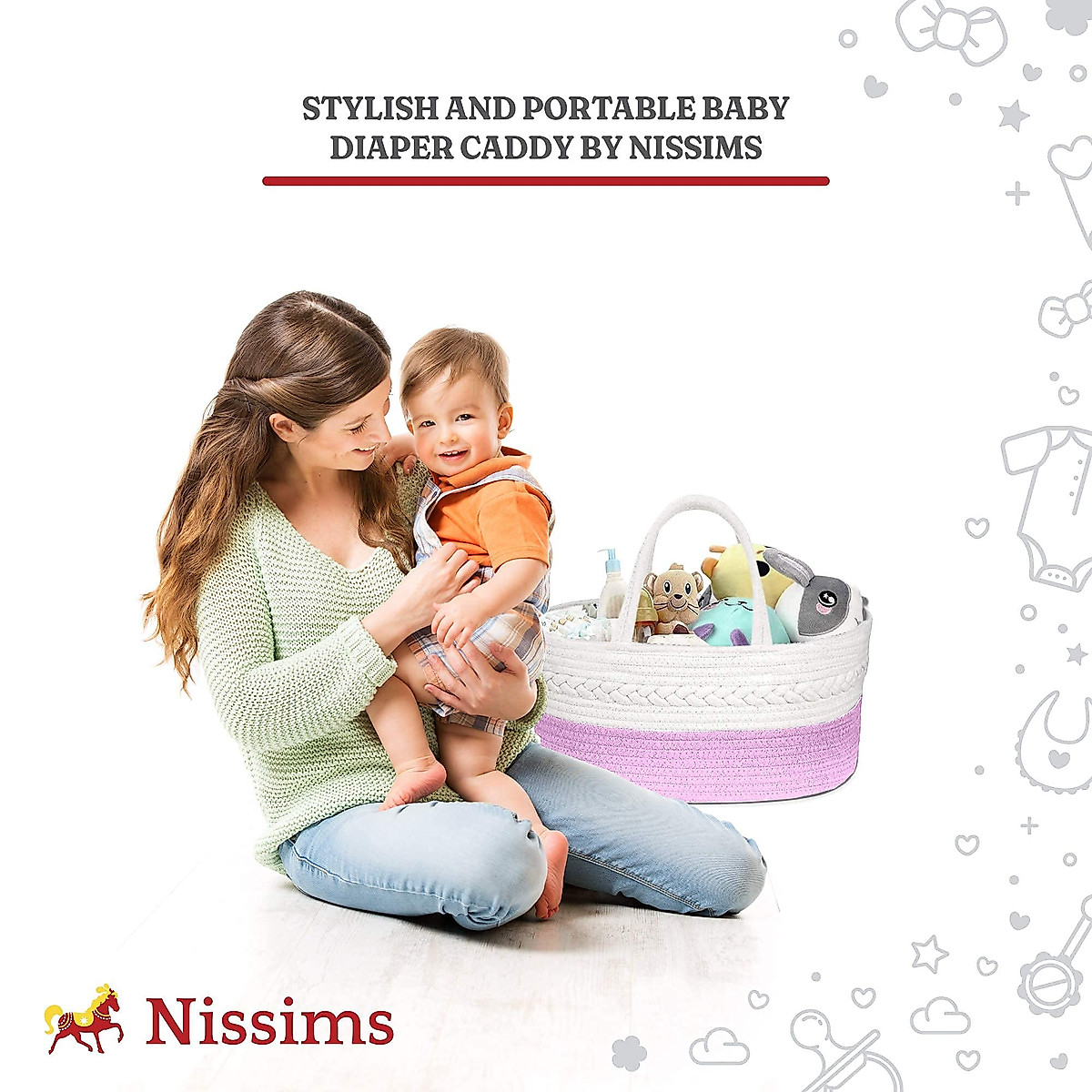 Baby Diaper Caddy Organizer Basket for Changing Table - Large Compact and Portable Woven Cotton Rope and Canvas Nursery Basket with 3 Divisions - Unisex Stylish GrayWhite - 14x8.5x7 Inches