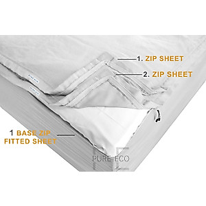 Pure Eco Easy Zipper Fitted Sheet - Includes 1 Fitted Sheet Base & 2 Zip-On Sheets - 15” Inch. Deep Pockets Zipper Sheets Full Size - 600 TC Soft Cotton Fitted Sheet - Dark Grey