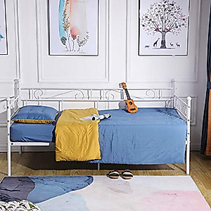 DORAFAIR Daybed Frame Twin Size with Headboard Storage Metal Steel Slates White Platform Bed Base Mattress Foundation Bed Sofa No Box Spring Replacement for Living Room Guest Room