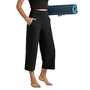 Tmustobe Womens Lounge Yoga Capris Pants Bootleg Tummy Control High Waist Workout Flare Crop Pants with Pockets (Black, Large)