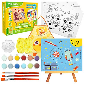 AUREUO Pre Drawn Canvas - 6 Pre Printed 8x10 Canvas, Acrylic Paints, Wood Easel, Smock, Paint Brushes & Palette Art Gift for Boys Girls