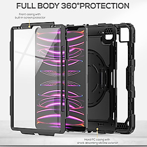 SEYMAC Case for iPad Pro 12.9 Case 2022/2021/ 2020/2018, Heavy Duty Protection Shockproof Case with Screen Protector, 360° Rotating Stand/Handle/Shoulder Strap, Supports Pencil 2 Charging, Black