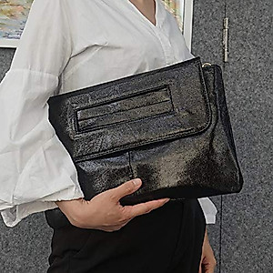 NIGEDU Women Handbags Leather Female Clutch Handbag Messenger Bag Large Solid High Capacity (Bright Black)