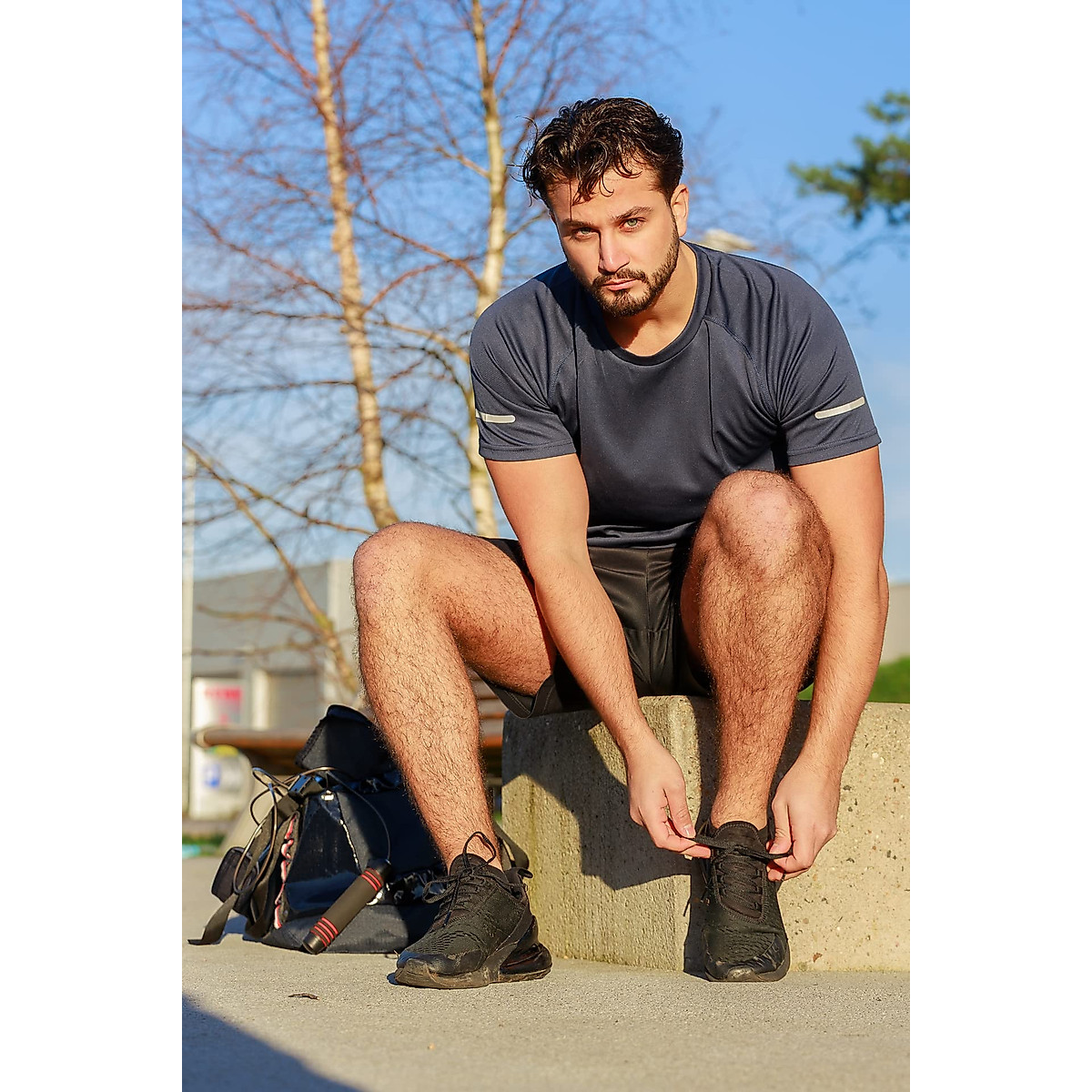 frueo Men's 3 Pack Workout Shirts Dry Fit Moisture Wicking Short Sleeve Mesh Athletic T-Shirts,Black Gray Navy, 4XL