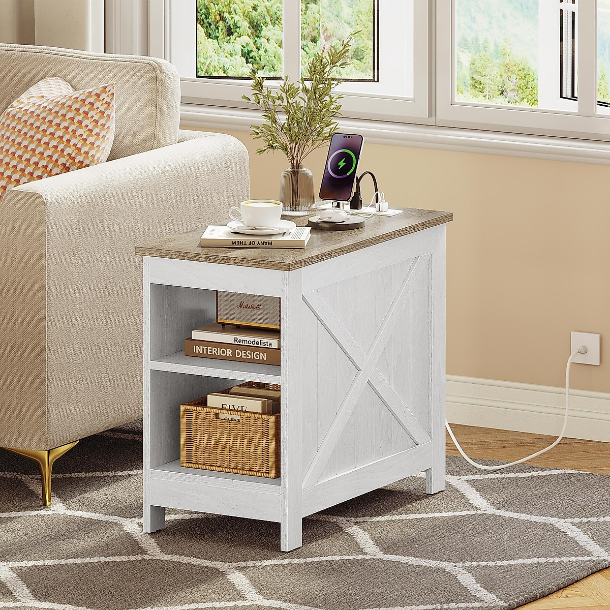 YITAHOME End Table with Charging Station, Narrow Side Table with Storage Shelf, Farmhouse Nightstand with Storage for Small Spaces, Living Room, Bedroom, Grey Wash